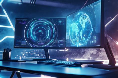 High Tech Workspace Featuring Dual Monitors Displaying Digital Maps And Data Analysis Stock