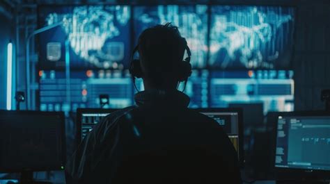 Premium Photo Person Monitoring Screens In Hightech Control Room At Night