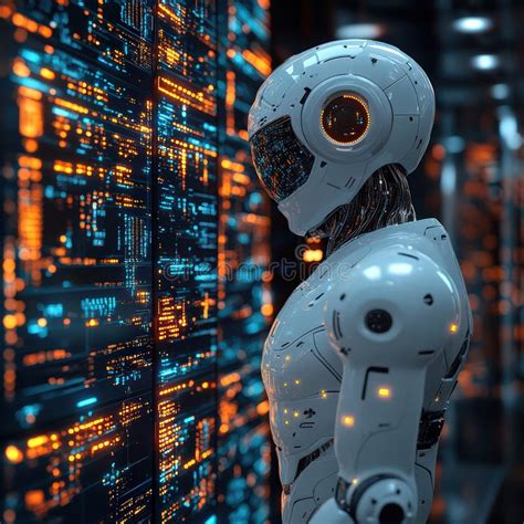 Digital Humanoid Robot Analyzing Data On A High Tech Screen Stock Illustration Illustration Of
