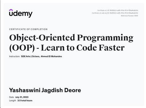 Yashaswini Deore On Linkedin Completion Certificate Of Object Oriented Programming 💻