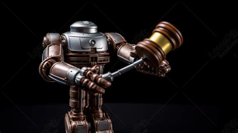 미니 로봇 손에는 의사봉 판사가 고립된 사이버 법률 개념의 3d 렌더링을 들고 있습니다 컴퓨터 기술 배경 자동적 인 배경 손 배경 이미지 Hd 컴퓨터 기술 인공