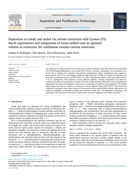 Pdf Separation Of Cobalt And Nickel Via Solvent Extraction With Cyanex 272 Batch Experiments