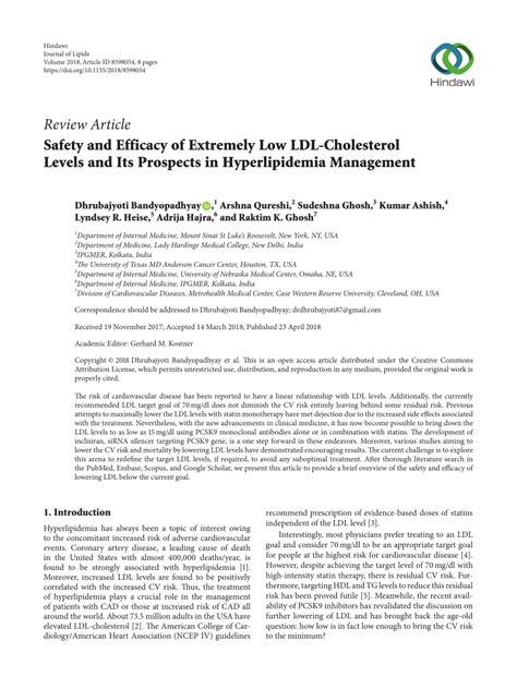 Pdf Safety And Efficacy Of Extremely Low Ldl Cholesterol Levels And Its Prospects In