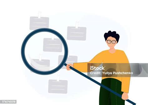 돋보기로 노트를 보고 정보를 검색하고 계획 및 관리하고 평면 벡터 일러스트레이션을 하는 사람 검사 보기에 대한 스톡 벡터 아트 및 기타 이미지 Istock