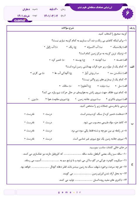 نمونه سوال امتحانی هماهنگ علوم ششم شهرستان دهلران خرداد 1401 گاما