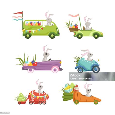 귀여운 토끼와 긴 귀 운전 복고풍 자동차 운반 Olored 부활절 달걀 벡터 세트 부활제에 대한 스톡 벡터 아트 및 기타 이미지 부활제 운전하기 만화 Istock