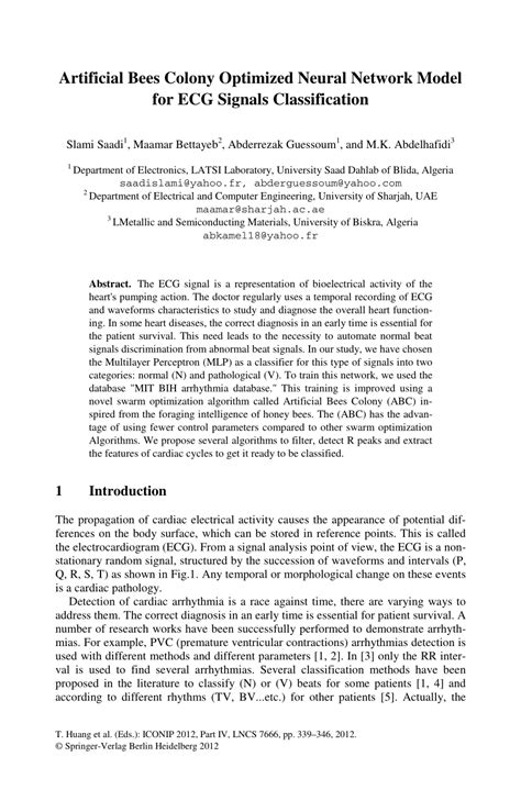 Pdf Artificial Bees Colony Optimized Neural Network Model For Ecg Signals Classification