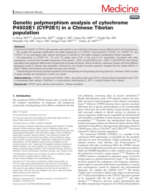 Pdf Genetic Polymorphism Analysis Of Cytochrome P4502e1 Cyp2e1 In A Chinese Tibetan Population