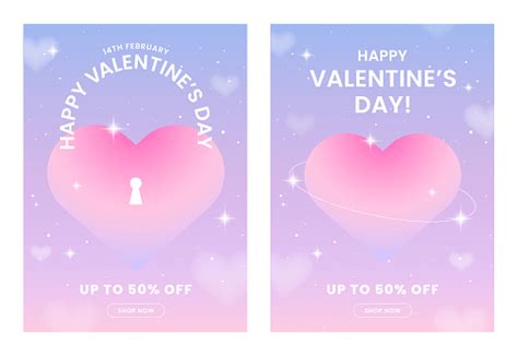 해피 발렌타인 데이 인사말 카드 세트입니다 그라데이션 타이포그래피 포스터 3d Y2k 미학 소셜 미디어 템플릿입니다 디지털