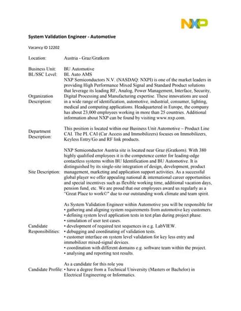 System Validation Engineer Automotive Id 12202 Pdf