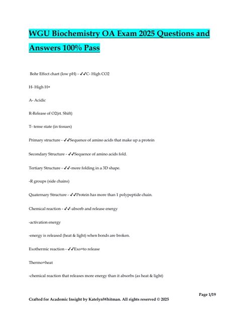 WGU Biochemistry OA Exam Questions And Answers Pass WGU BIOCHEMISTRY Stuvia US