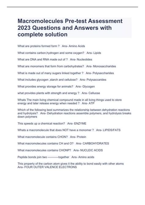 Macromolecules Pre Test Assessment 2023 Questions And Answers With Complete Solution