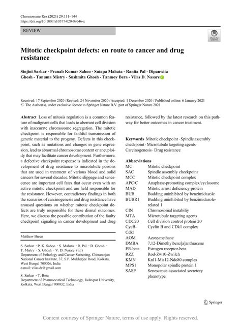Pdf Mitotic Checkpoint Defects En Route To Cancer And Drug Resistance