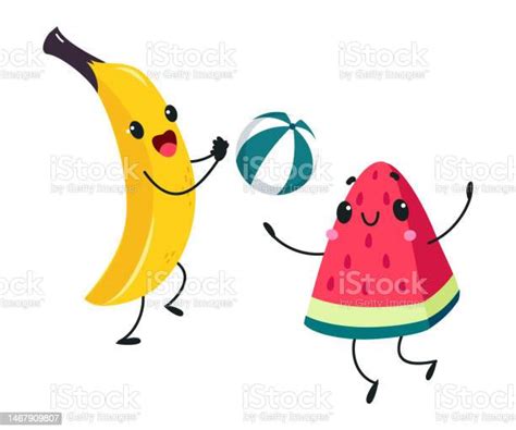 바나나와 수박 캐릭터는 여름 휴가 벡터 일러스트 레이 션에서 즐거운 시간을 보내는 해변에서 공을 가지고 있다 감정에 대한 스톡 벡터 아트 및 기타 이미지 Istock