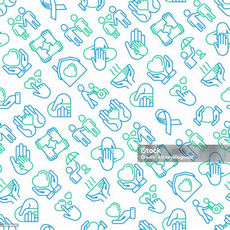 얇은 선 아이콘 도움말 및 원활한 패턴 어린이 장애인 공생 자선 및 기부에 대 한 도움말 지원의 상징 현대 벡터 일러스트입니다 연속무늬에 대한 스톡 벡터 아트 및 기타