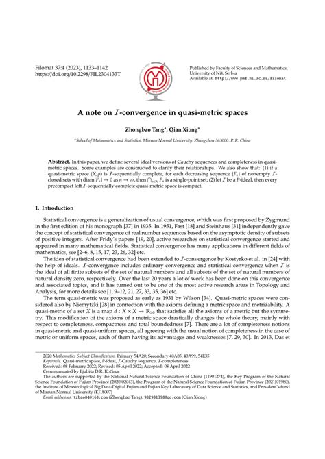 Pdf A Note On I Convergence In Quasi Metric Spaces