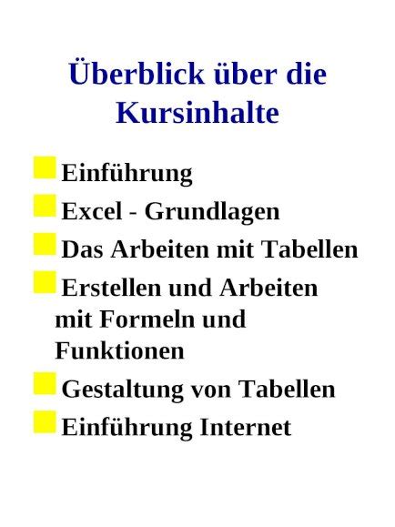 Ppt Überblick über Die Kursinhalte Einführung Excel Grundlagen Das Arbeiten Mit Tabellen