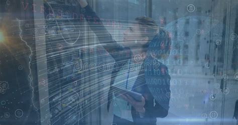 image of lines globe and binary code over caucasian woman checking