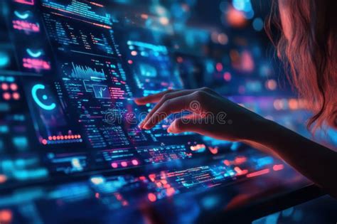 Software Engineer Working With Futuristic Interactive Display Analyzing Big Data Stock
