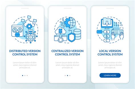 Version Control Systems Types Blue Onboarding Mobile App Screen Walkthrough 3 Steps Editable