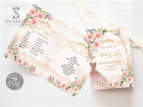 Editable Bi Fold Quinceanera Program Template Blush Pink Gold Flowers