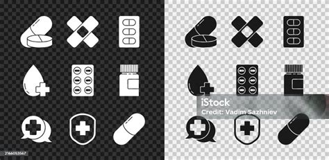 세트 의학 알약 또는 정제 교차 붕대 석고 알약 물집 팩 의사와의 대화 의료 방패 십자가 드롭 혈액 및 아이콘을 기부합니다 벡터