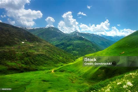 멋진 산 풍경입니다 조지아 Svaneti 지역에 있는 높은 언덕에 녹색 초원 볼 잔디 고지대에 화창한 여름 날 코 카 서 스 산맥입니다 목가적인 자연입니다 알파인 계곡