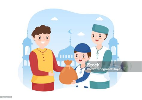 무슬림 아이들은 평면 만화 포스터 손으로 그린 템플릿 일러스트레이션에서 그것을 필요로하는 사람에게 자선 자카트 또는 Infaq 기부를 제공합니다 Eid Mubarak에 대한
