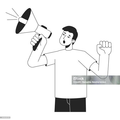 아시아 젊은이가 확성기 플랫 라인 블랙 화이트 벡터 문자를 외치고 있다 2차 도형에 대한 스톡 벡터 아트 및 기타 이미지 2차 도형 광고 남성 Istock