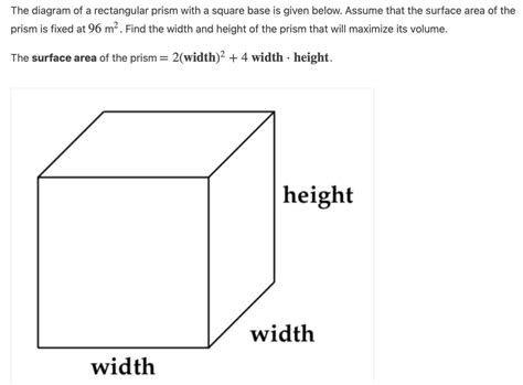 Solved The Diagram Of A Rectangular Prism With A Square Base Chegg Com