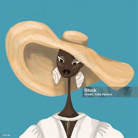 세련된 아프리카 계 미국인 여성 초상화 큰 베이지 색 모자를 쓴 아프리카 여성 큰 귀걸이가있는 여름 복장 파란색 배경 십대 소녀에 대한 스톡 벡터 아트 및 기타 이미지