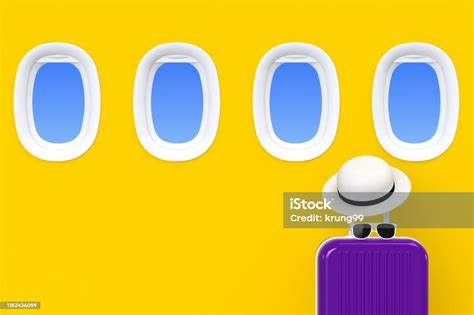 노란색 배경에 선글라스 모자 비행기 창문이 있는 현대적인 보라색 가방 가방을 닫습니다 여행 개념 휴가 여행 공간을 복사합니다 최소한의 스타일 3d 렌더링 일러스트레이션 3