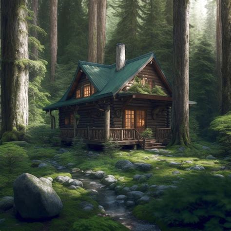premium ai image a forest serene log cabin surrounded by towering