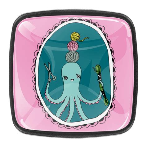 Ownta Octopus Pink Cute Square Glass Drawer Handles Knobs Pulls With Screws For Kitchen Cabinet