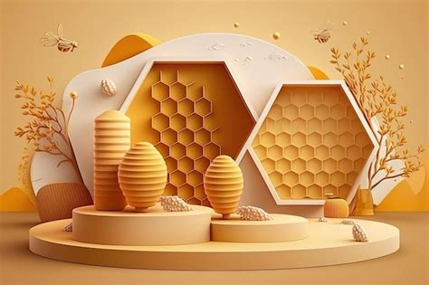 벌집 배경 제품 단상 디스플레이 스탠드 천연 꿀벌 받침대 템플릿 모형 또는 건강한 자연 무대 플랫폼 배경 프리미엄 사진