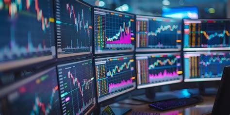 Day Trader39s Command Center Multiple Monitors Displaying Colorful Pastel Graphs Concept Stock