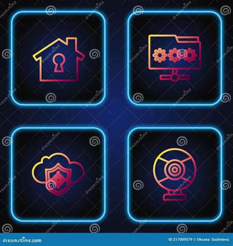 Set Line Security Camera Cloud And Shield House Under Protection And Folder With Password