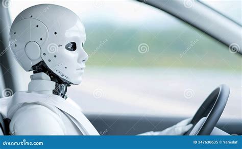 Humanoid Robot Showcasing Automated Transportation Technology While Driving Futuristic Self Humanoid Robot Showcasing Automated Transportation Technology While Driving Futuristic Self