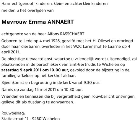 Avis De Décès De Emma Annaert Décédé Le 04042011 à Laarne Annonce