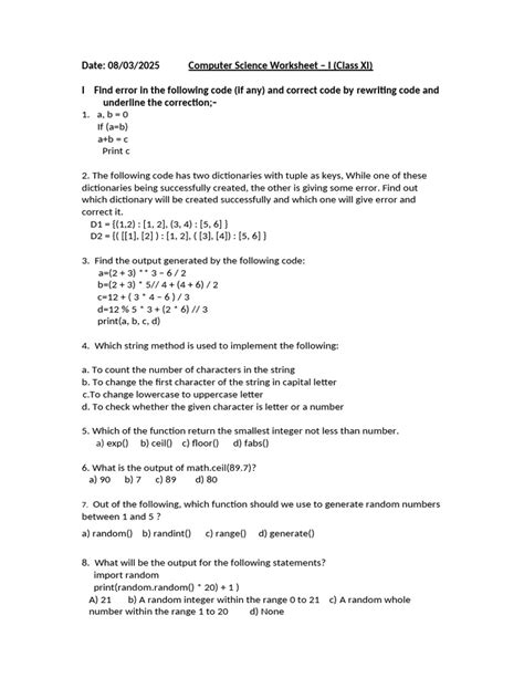 Class Xi Cs Worksheet I 2025 Pdf Computer Science Computing