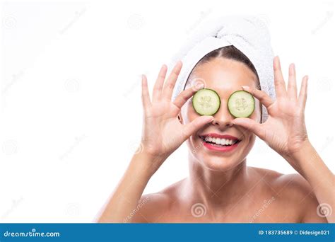Attractive Woman Using Cucumbers As A Beauty Remedy Stock Image Image