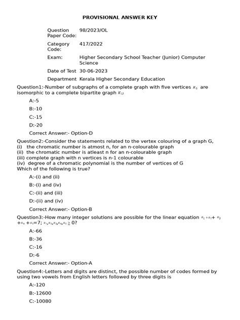 Provisional Answer Key Hsst Computer Science Pdf Class Computer