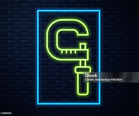 빛나는 네온 라인 마이크로 미터 아이콘은 벽돌 벽 배경에 고립되어 있습니다 측정 엔지니어 도구 선형 치수를 측정하도록 설계된 범용 장치 벡터 강철에 대한 스톡 벡터 아트 및