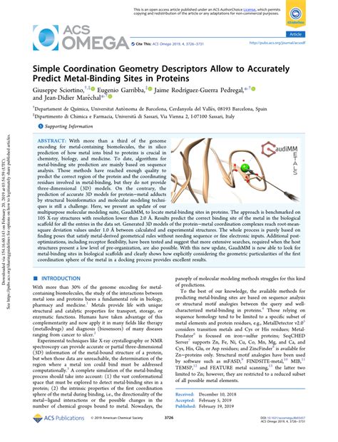 Pdf Simple Coordination Geometry Descriptors Allow To Accurately Predict Metal Binding Sites