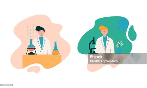 실험실 코트의 남자 과학자 현미경및 플라스크와 연구 및 조사를 실시 하는 화학 물질 벡터 세트 가공의 인물에 대한 스톡 벡터 아트 및 기타 이미지 Istock