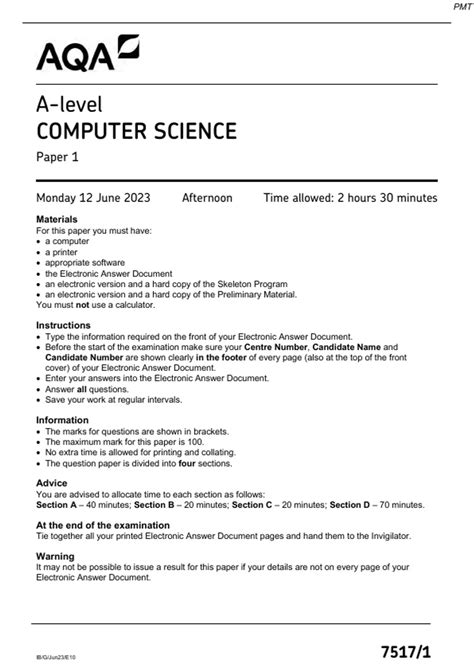 A Level Computer Science Paper 1 Actual Exam Question Paper And Mark Scheme Merged A Level