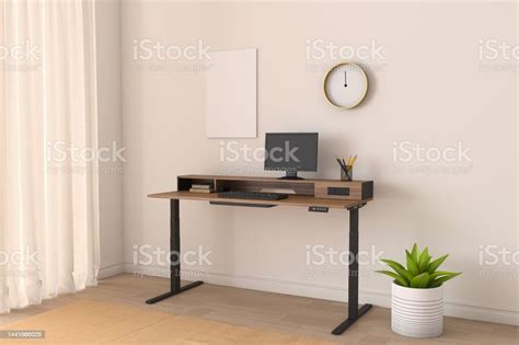 컴퓨터 화면과 방에 있는 다른 개체가 있는 나무 작업 책상의 보기 3d 렌더링 3차원 형태에 대한 스톡 사진 및 기타 이미지 3차원 형태 가구 데스크탑 컴퓨터