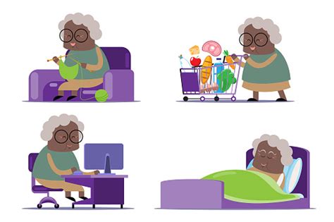 감정 귀여운 벡터 일러스트 플랫 만화 캐릭터 라이프 스타일 노인 여자는 취미 뜨개질 일 온라인 채팅 집에서 자고 슈퍼마켓에서 쇼핑을합니다 감정에 대한 스톡 벡터 아트 및