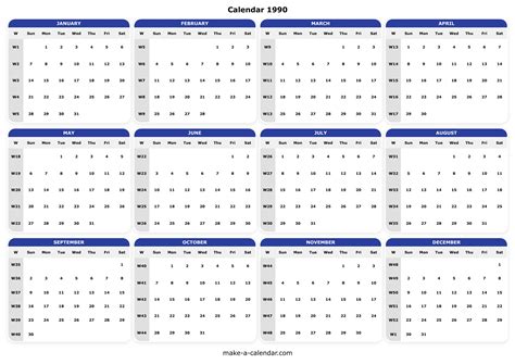 1990 Yearly Calendar — Print Pdf With Holidays And Week Numbers