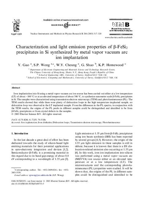 Pdf Characterization And Light Emission Properties Of β Fesi2 Precipitates In Si Synthesized